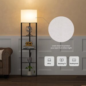 Meisoda 5-Tier 68.5 inch LED Floor Lamp with Wood Shelves and Linen Shade - 3 Color Temperatures, Dimmable, for Living Room, Bedroom, Office