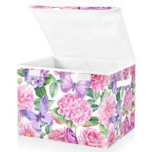 mftjyo storage bin with lid purple hydrangea pink roses foldable storage box washable fabric storage cubes bin organizer basket closet for home bedroom closet nursery office