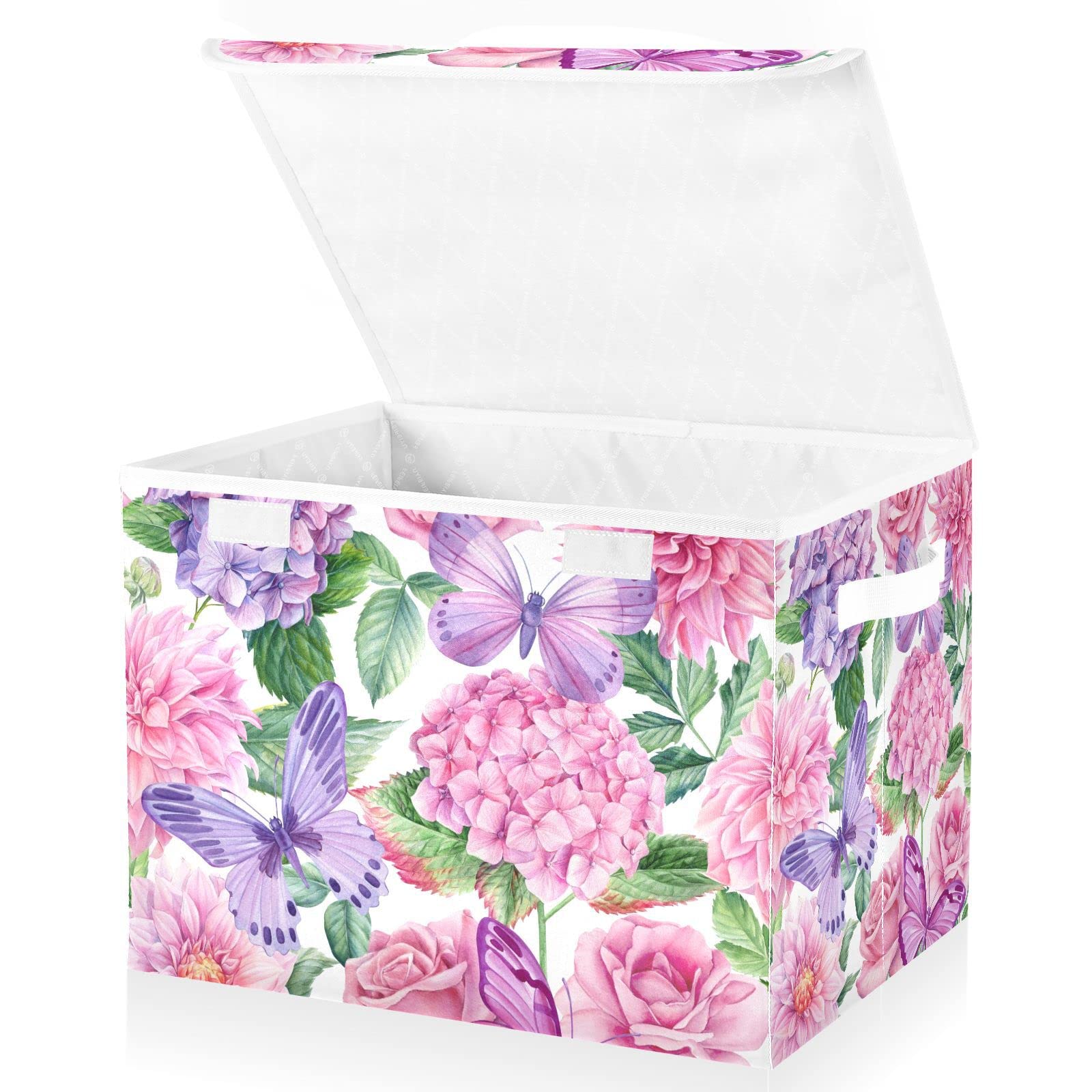 MFTJYO Storage Bin with Lid Purple Hydrangea Pink Roses Foldable Storage Box Washable Fabric Storage Cubes Bin Organizer Basket Closet for Home Bedroom Closet Nursery Office