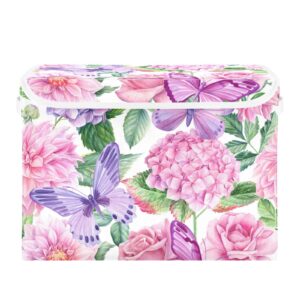 MFTJYO Storage Bin with Lid Purple Hydrangea Pink Roses Foldable Storage Box Washable Fabric Storage Cubes Bin Organizer Basket Closet for Home Bedroom Closet Nursery Office