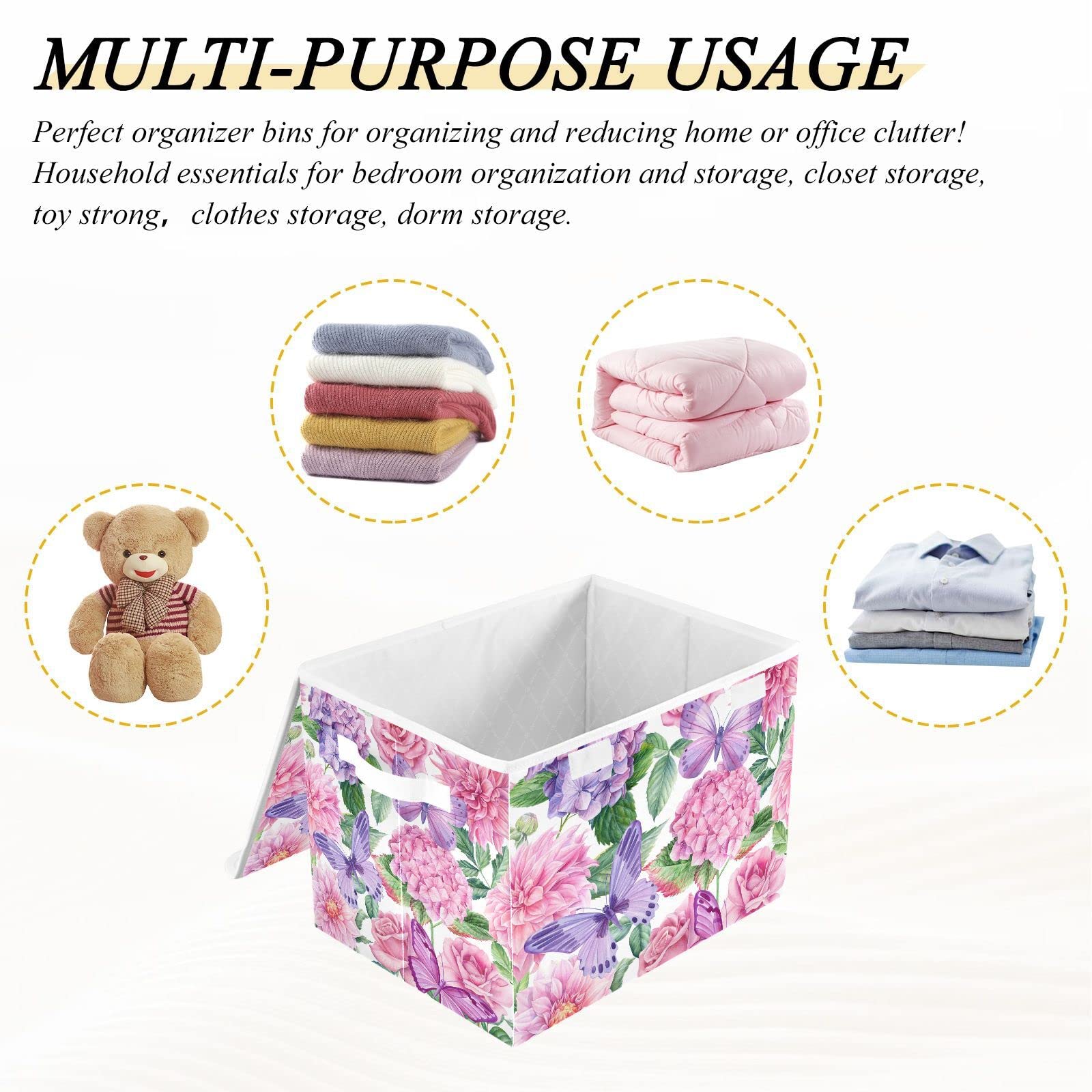 MFTJYO Storage Bin with Lid Purple Hydrangea Pink Roses Foldable Storage Box Washable Fabric Storage Cubes Bin Organizer Basket Closet for Home Bedroom Closet Nursery Office