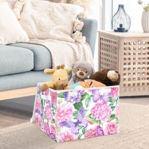 MFTJYO Storage Bin with Lid Purple Hydrangea Pink Roses Foldable Storage Box Washable Fabric Storage Cubes Bin Organizer Basket Closet for Home Bedroom Closet Nursery Office