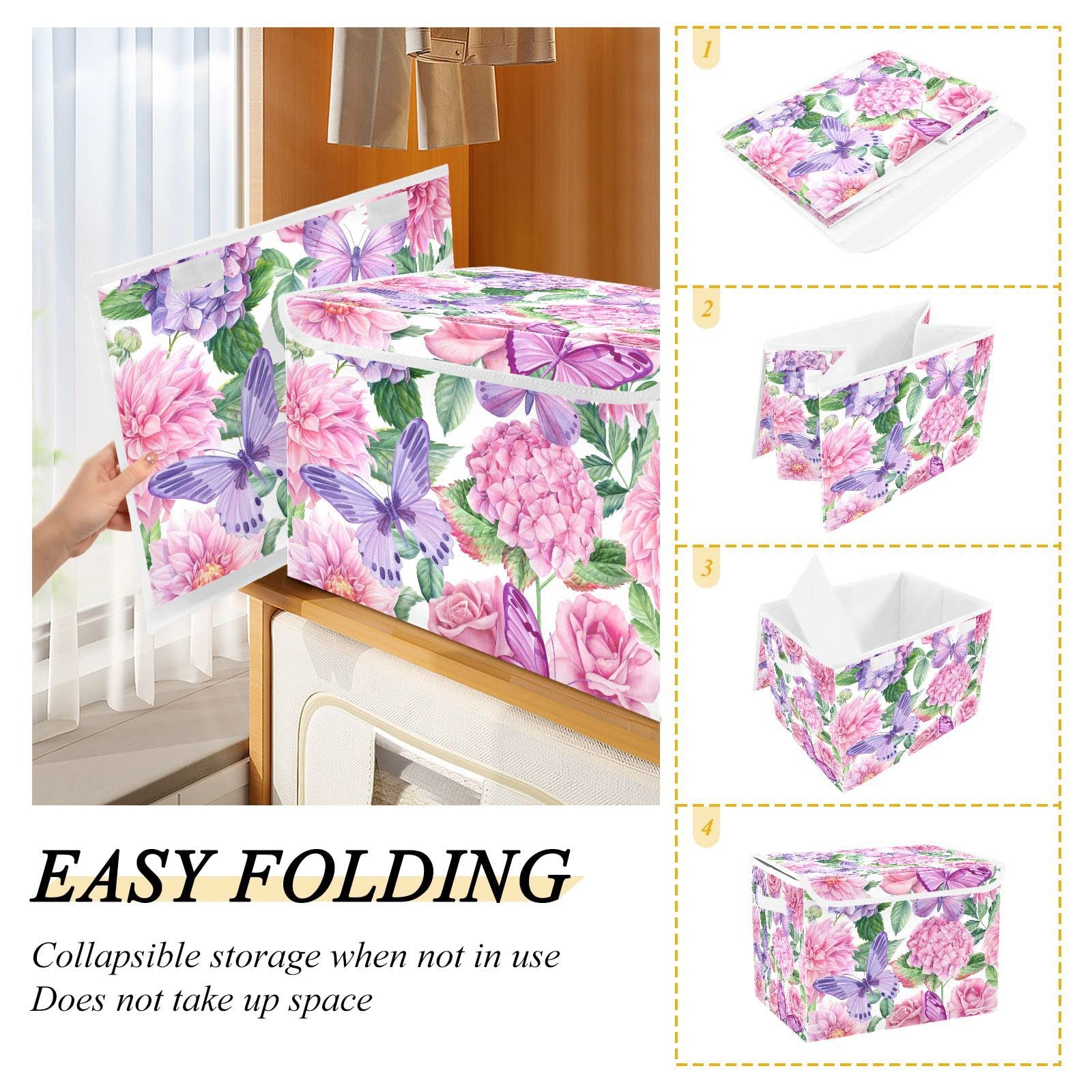 MFTJYO Storage Bin with Lid Purple Hydrangea Pink Roses Foldable Storage Box Washable Fabric Storage Cubes Bin Organizer Basket Closet for Home Bedroom Closet Nursery Office