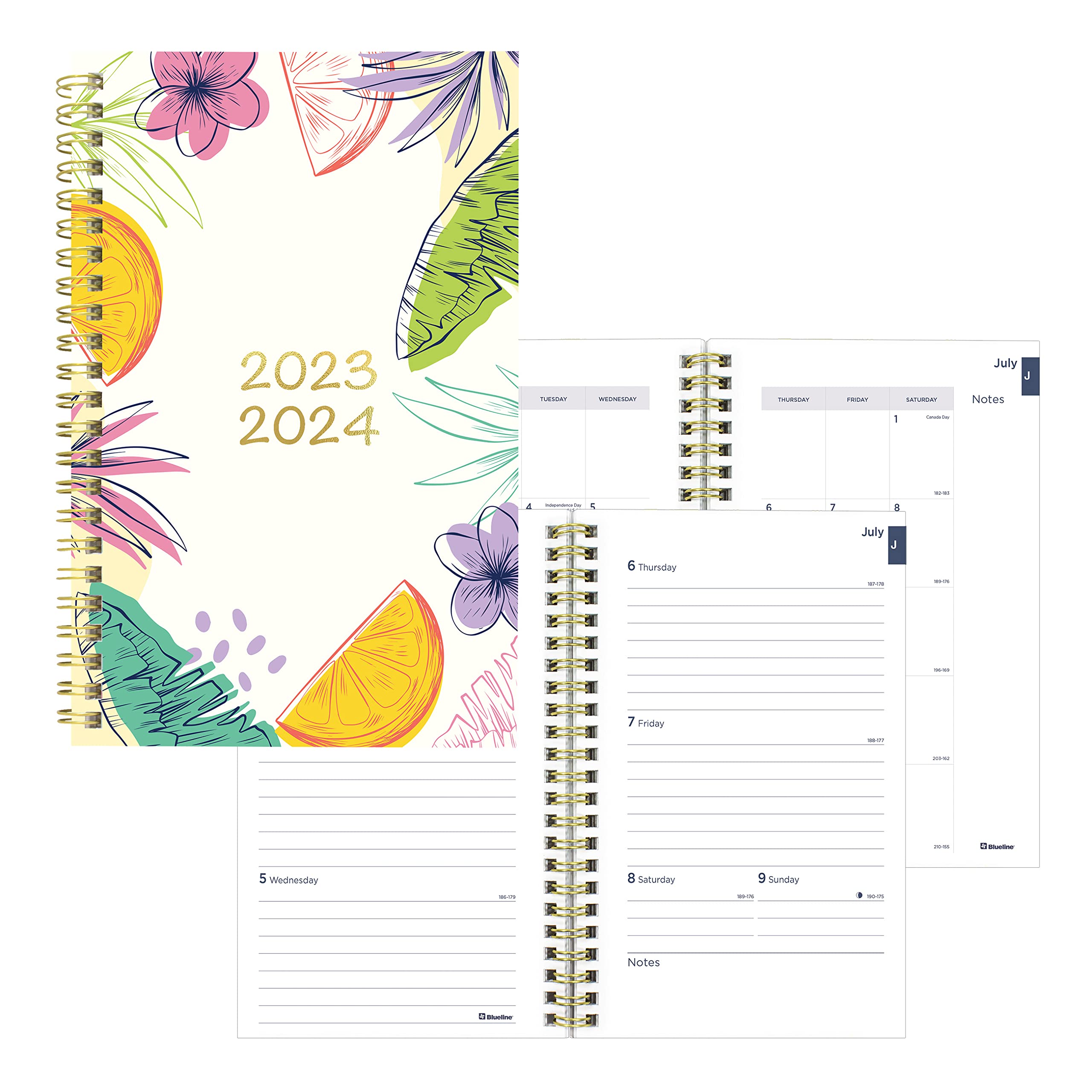 Blueline Essential Academic Weekly/Monthly Planner, 13 Months, July 2023 to July 2024, Gold Twin-Wire Binding, Poly Cover, 8" x 5", Tropical Design, Citrus (CA114PM.02-24)