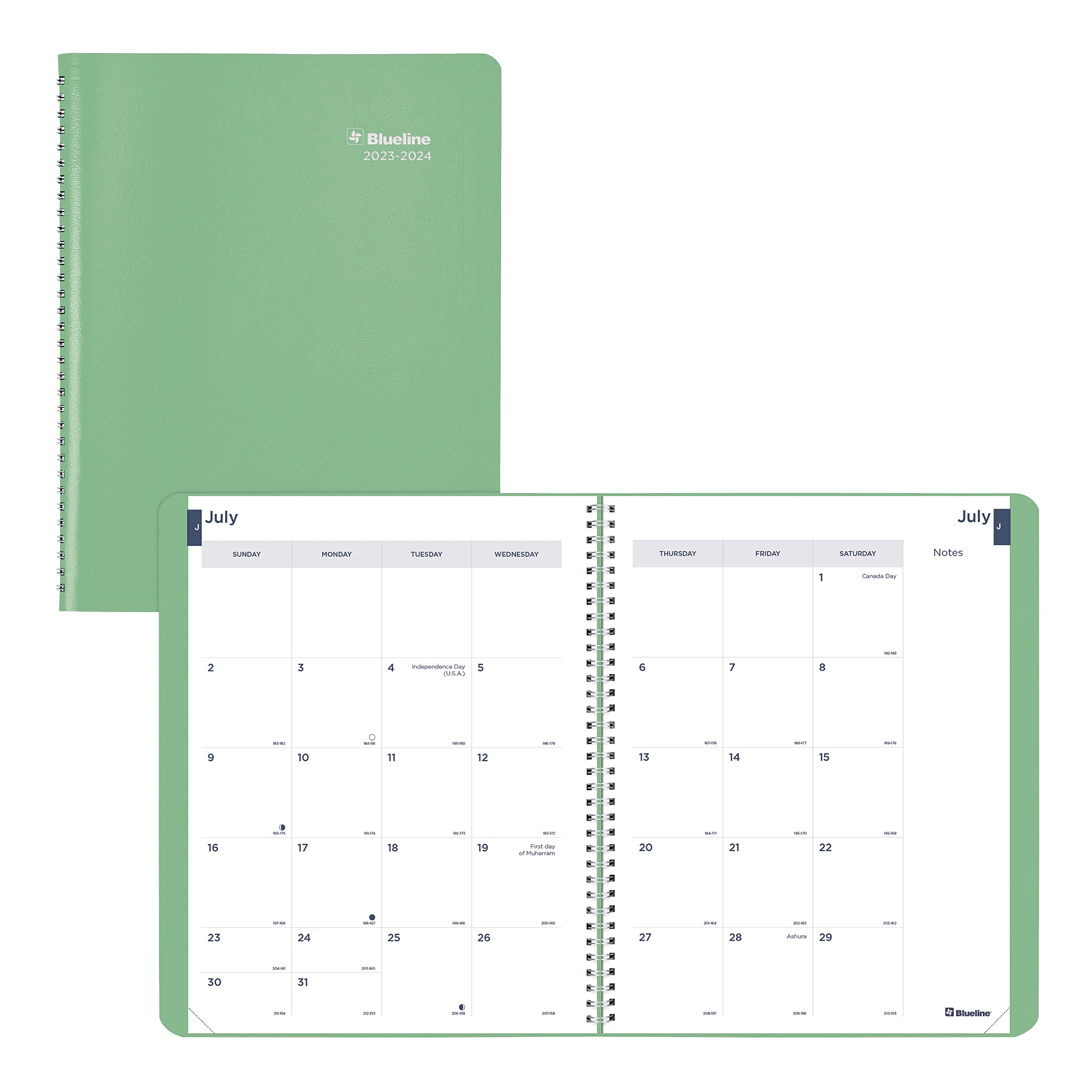 Blueline Essential Academic Monthly Planner, 14 Months, July 2023 to August 2024, Twin-Wire Binding, Soft Vicuana Cover, 11" x 8.5", Mint Green (CA701F.03-24)