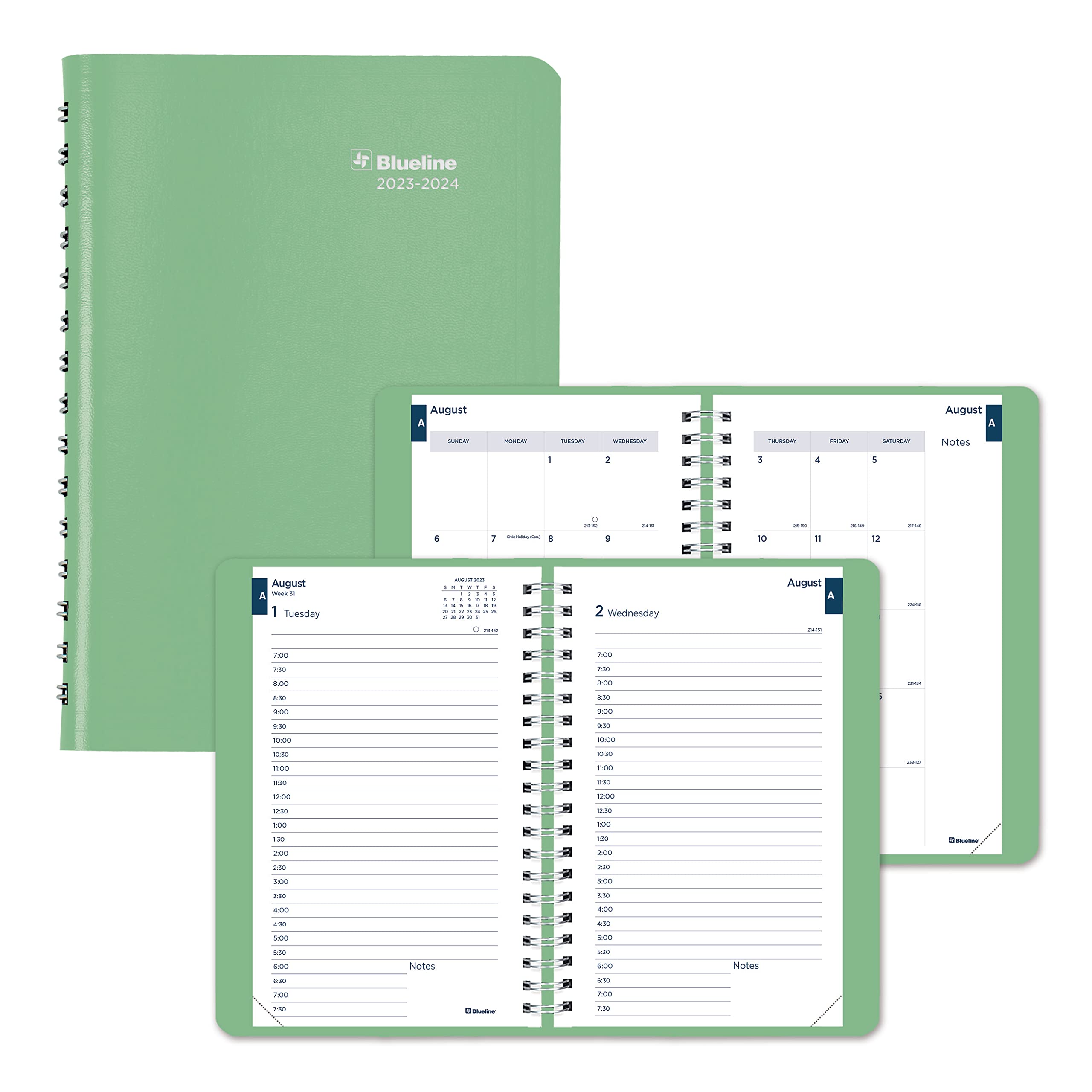 Blueline Essential Academic Daily/Monthly Planner, August 2023 to July 2024, Twin-Wire Binding, Soft Vicuana Cover, 8" x 5", Mint Green (CA201F.03-24)