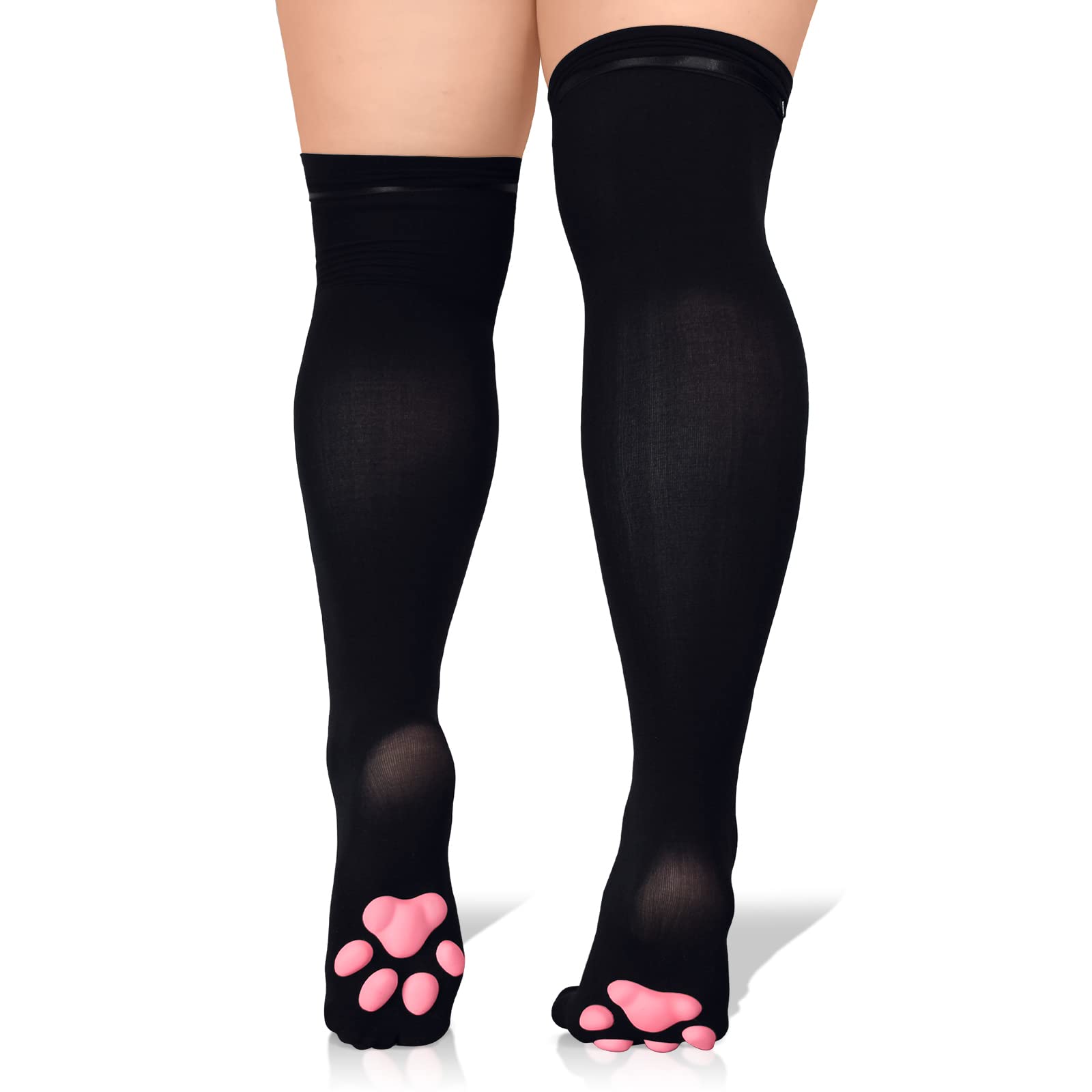 Littleforbig Plus Size Thigh High Cosplay 3D Paw Pad Silicone Kitten Over The Knee Silk Stockings - Black