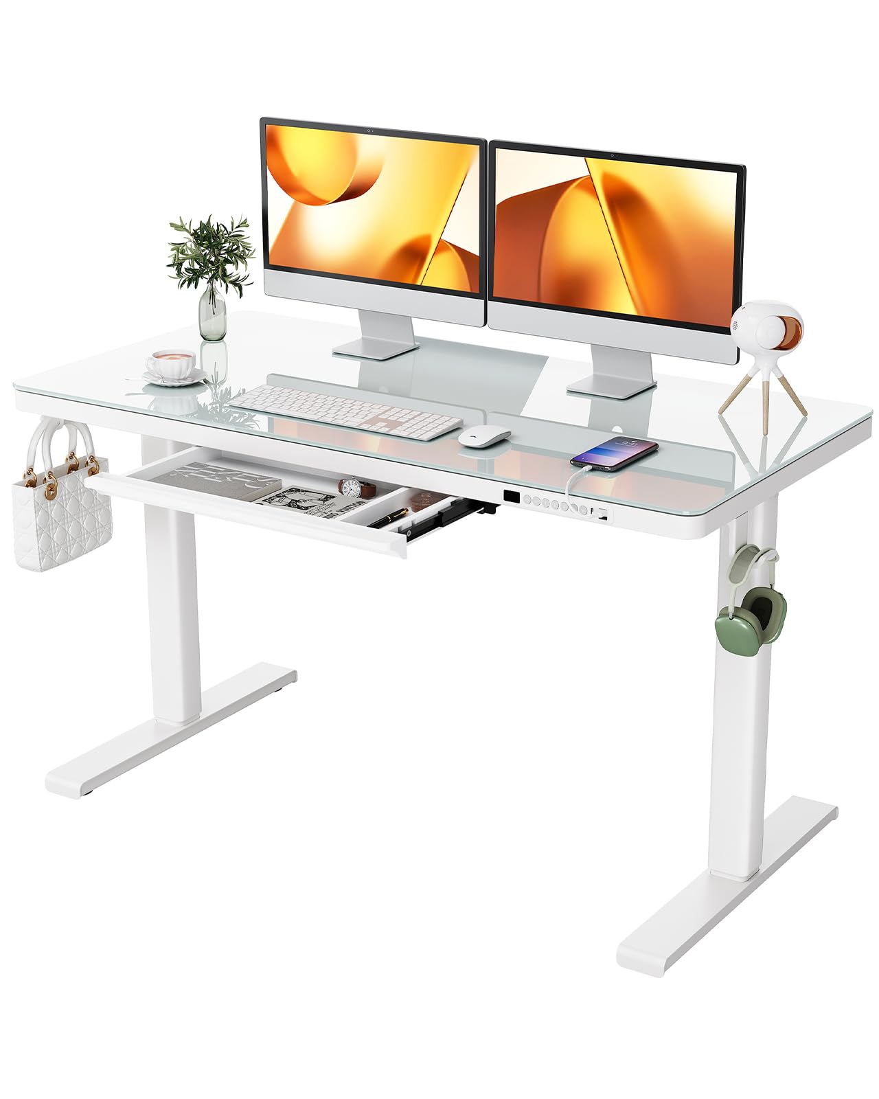 ErGear Dual Motor Electric Standing Desk with Drawers,48x24 Inch Whole-Piece Glass Desktop Quick Install,Height Adjustable Stand up Sit Stand Home Office Ergonomic Workstation with USB Charging Ports