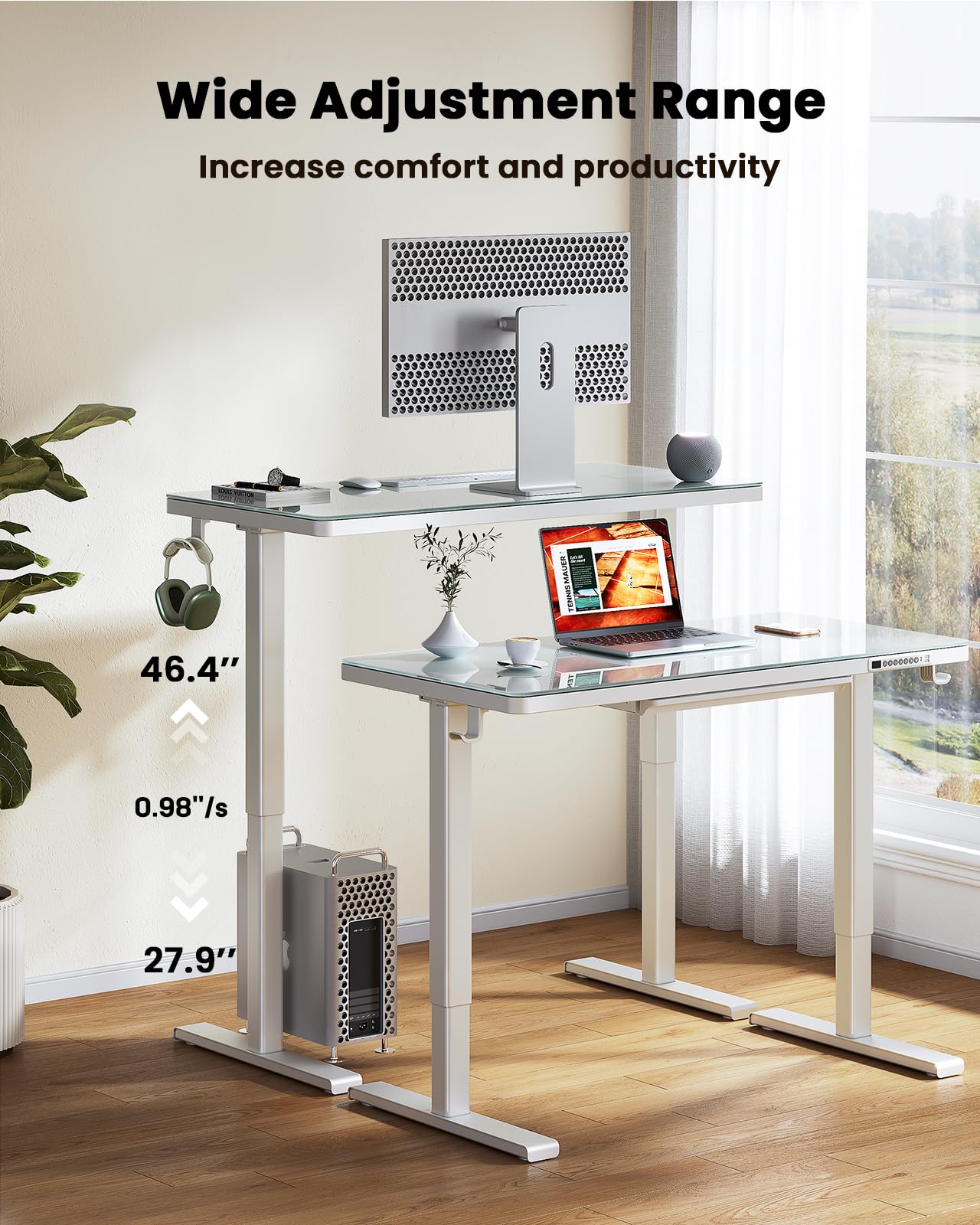 ErGear Dual Motor Electric Standing Desk with Drawers,48x24 Inch Whole-Piece Glass Desktop Quick Install,Height Adjustable Stand up Sit Stand Home Office Ergonomic Workstation with USB Charging Ports