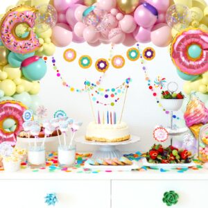 RUBFAC 145pcs Pastel Donut Balloon Garland Arch Kit, Donut Ice Cream Foil Balloons with Banner and Sprinkle Confetti Balloons, Grow Up Baby Shower Sweet One Birthday Party Decoration for Girls