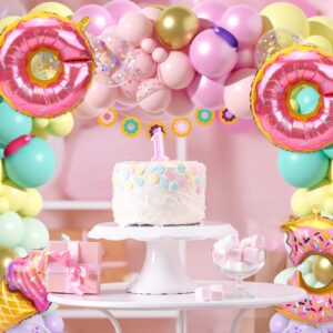 RUBFAC 145pcs Pastel Donut Balloon Garland Arch Kit, Donut Ice Cream Foil Balloons with Banner and Sprinkle Confetti Balloons, Grow Up Baby Shower Sweet One Birthday Party Decoration for Girls