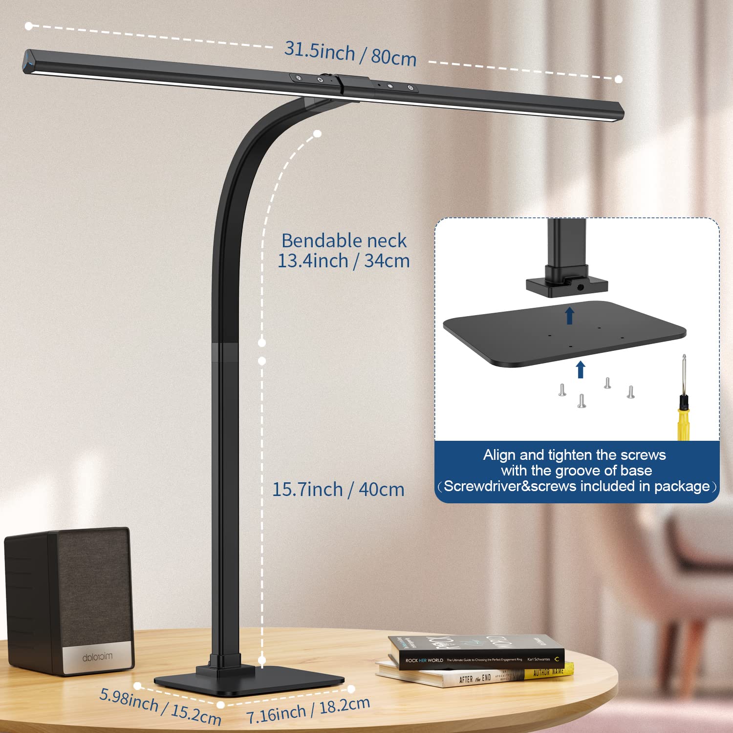 KableRika Desk Lamp, 24W Brightest LED Desk Lamp For Home Office, 31.5" Wide Dimmable Architect Task Lamp With Base,Eye Protection Modern Tall Desk Light For Workbench Office Lighting Computer Working