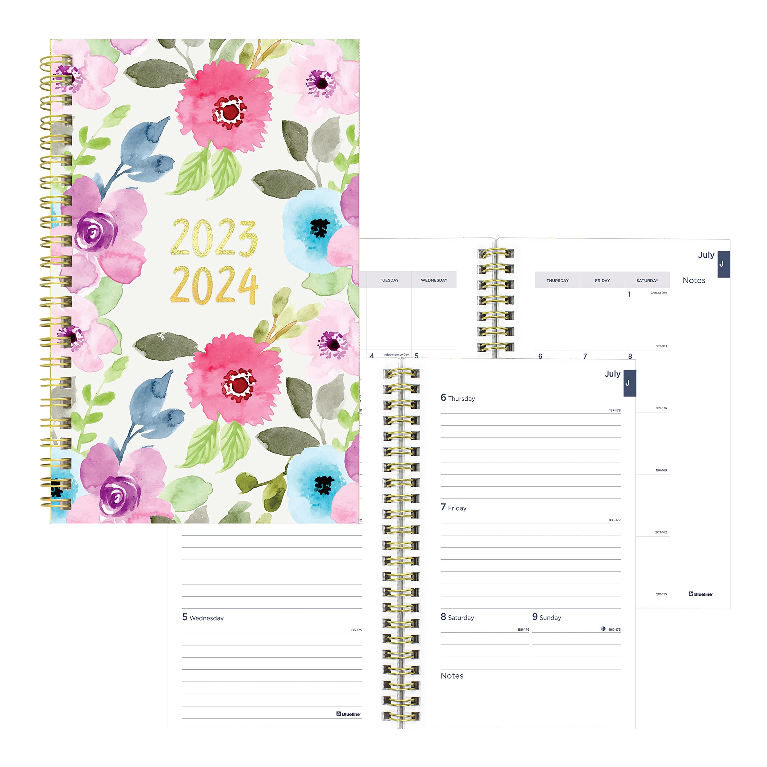 Blueline Essential Academic Weekly/Monthly Planner, 13 Months, July 2023 to July 2024, Gold Twin-Wire Binding, Poly Cover, 8" x 5", Blossom Design, Pink (CA114PG.01-24)