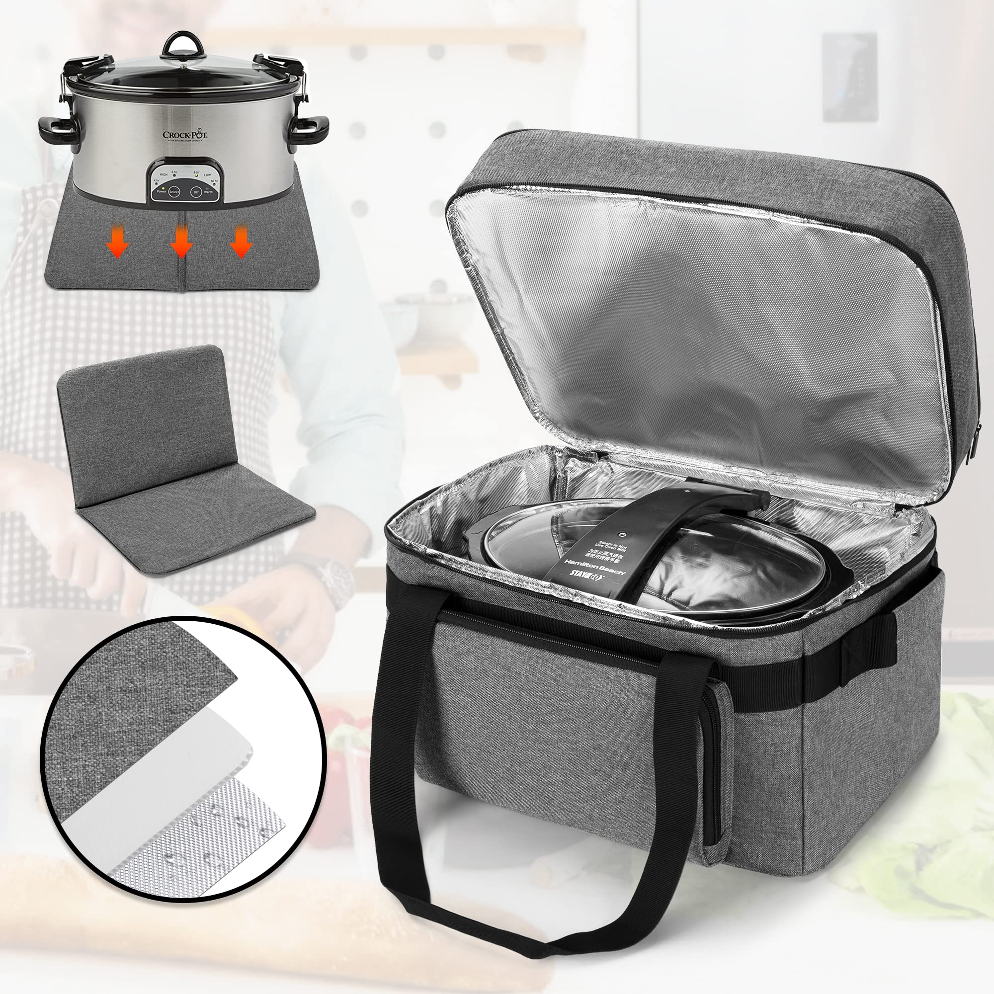 Luxja Insulated Slow Cooker Bag (with a Bottom Pad and Side Handles) for 6-8 Quart Oval Slow Cooker, Double Layer Carrying Case Compatible with Crock-Pot and Hamilton Beach, Gray