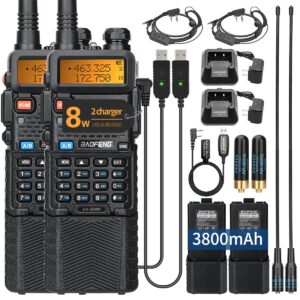 baofeng uv-5r ham radio 8w long range uv5r dual band handheld 3800mah extended battery rechargeable walkie talkies for adults with earpiece,usb charger and programming cable full kit,2pack