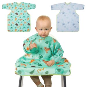 lictin coverall baby feeding bibs - 2-pack long sleeve baby bibs for eating, adjustable weaning bibs, waterproof bib attaches and fully cover to baby highchair and table