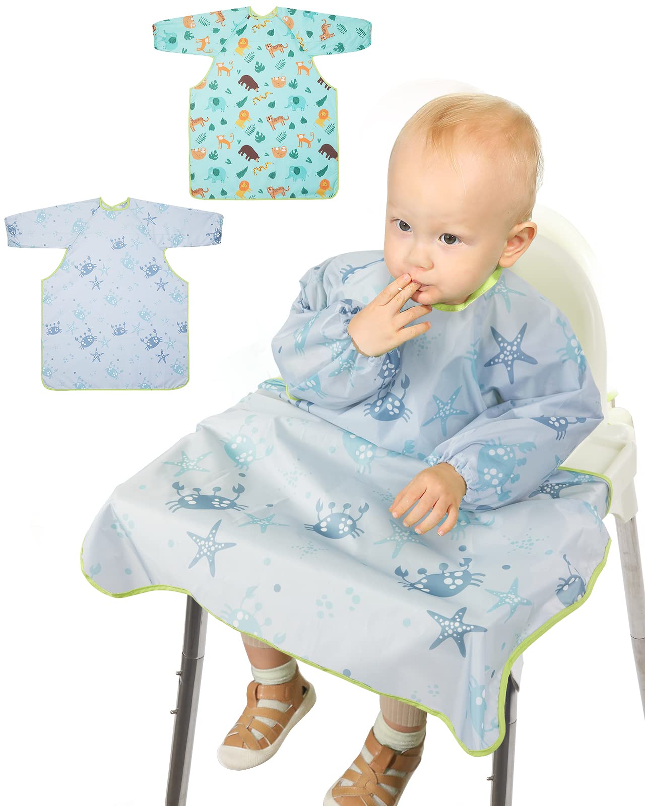 Lictin Coverall Baby Feeding Bibs - 2-Pack Long Sleeve Baby Bibs for Eating, Adjustable Weaning Bibs, Waterproof Bib Attaches and Fully Cover to Baby Highchair and Table