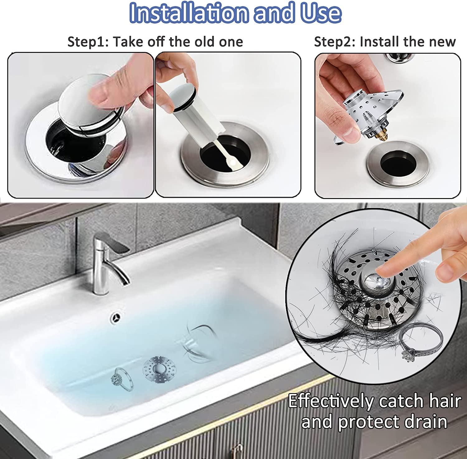 AzWzz Bathroom Sink Stopper,Sink Hair Catcher,Bathroom Sink Drain Strainer Pop Up Drain Cover Plug,Universal for 1-1/4 to 1-5/8in Sink Drain Hole