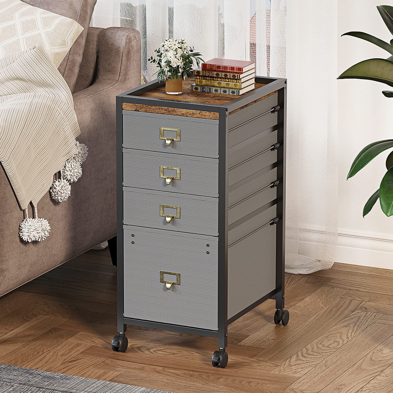 Alkmaar 4 Drawer Vertical Mobile File Cabinet Fits A4 or Letter Size, Rustic Grey