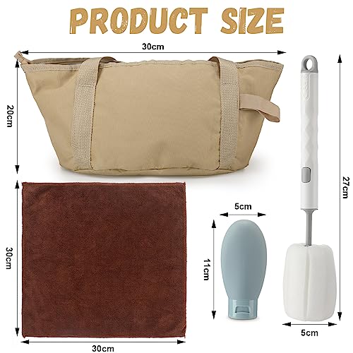 Bokon 4 Pcs Travel Washbasin Bag Set Foldable Wash Basin Bottle Brush Travel Bottle Microfiber Towel Water Bag Wash Basin Bag Brush Squeezable Containers Beach Towel for Travel Camping