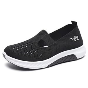 women's mesh breathable flat walking shoes,soft sole anti-slip casual sneakers,slip on lightweight comfortable loafers (black,6)