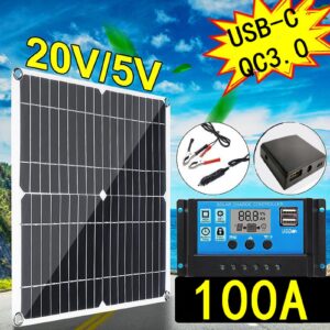 200 Watt 12V Portable Solar Panel Kit | Monocrystalline Solar Panel with Solar Charge Controller | Fast Charging QC3.0 USB C | Ideal for Car Automotive Boat Marine RV Camping (100A)