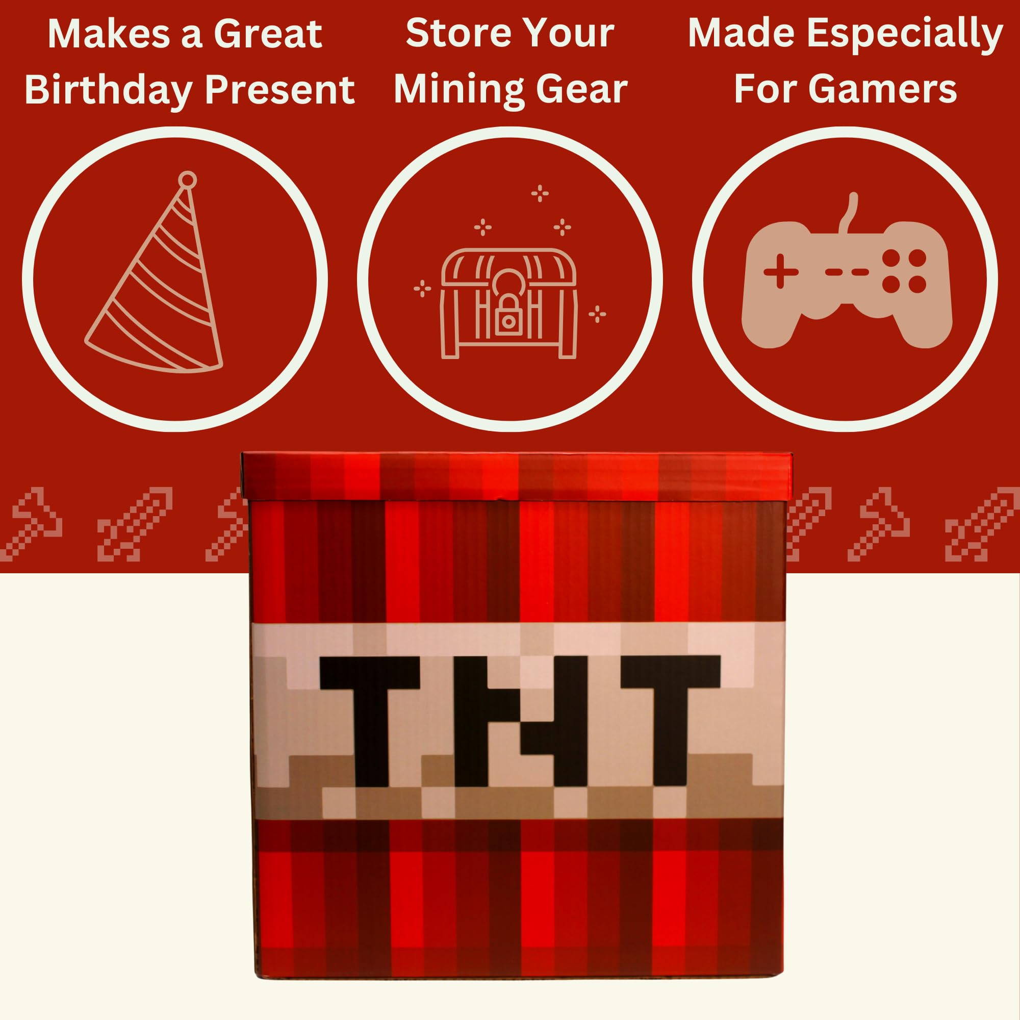 Large 14 x 14 Pixelated Box - TNT | Birthday Party Supplies | Storage Decoration and Prop, Big Birthday Box | Storage Bin Chest With Lid Gift Accessory (TnT Block)