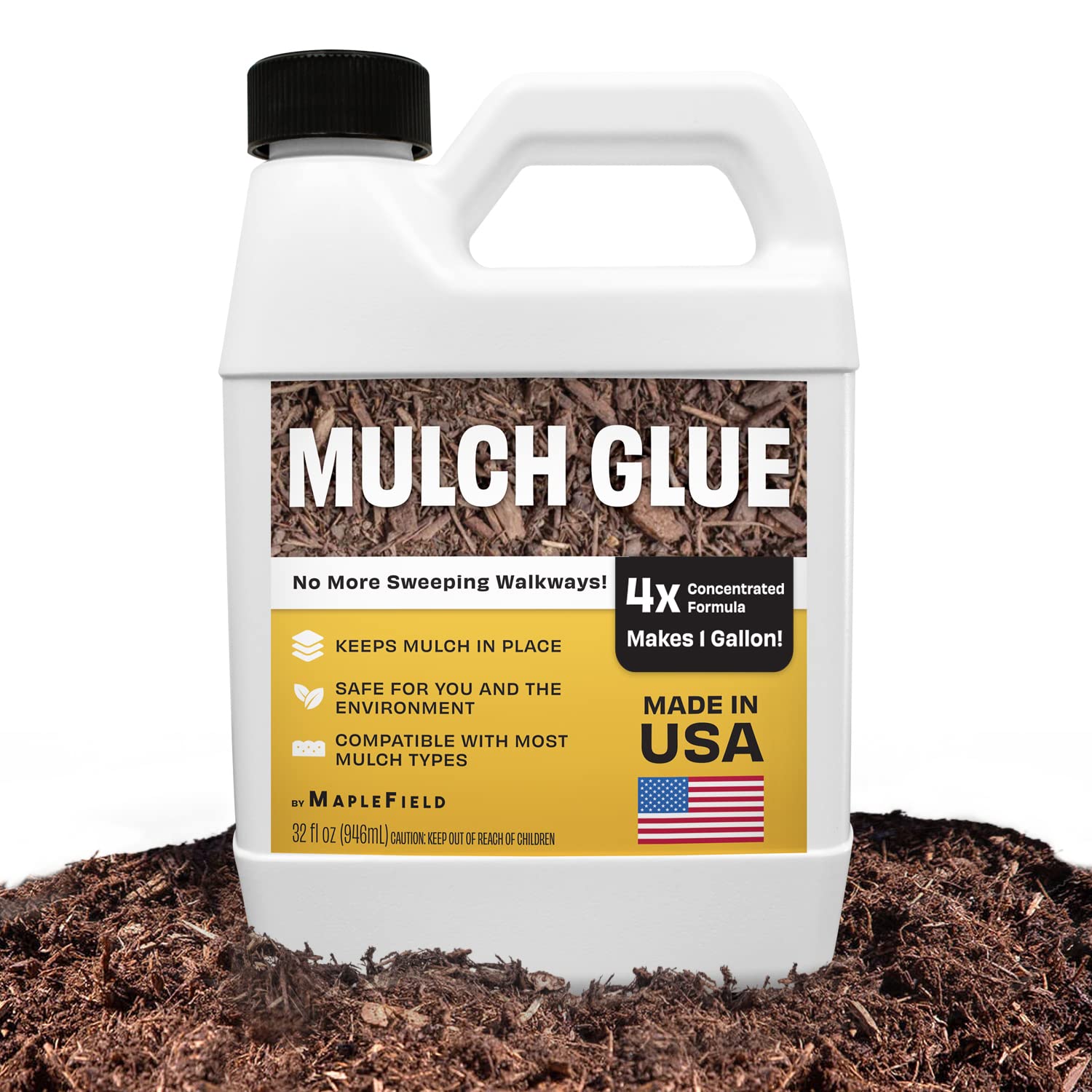 Maplefield Mulch Glue Concentrate 32 oz - 4X Strength - Adhesive for Rubber, Bark, & Straw Mulch - Superior Hold & Makes 1 Gallon for Garden & Outdoor Spaces