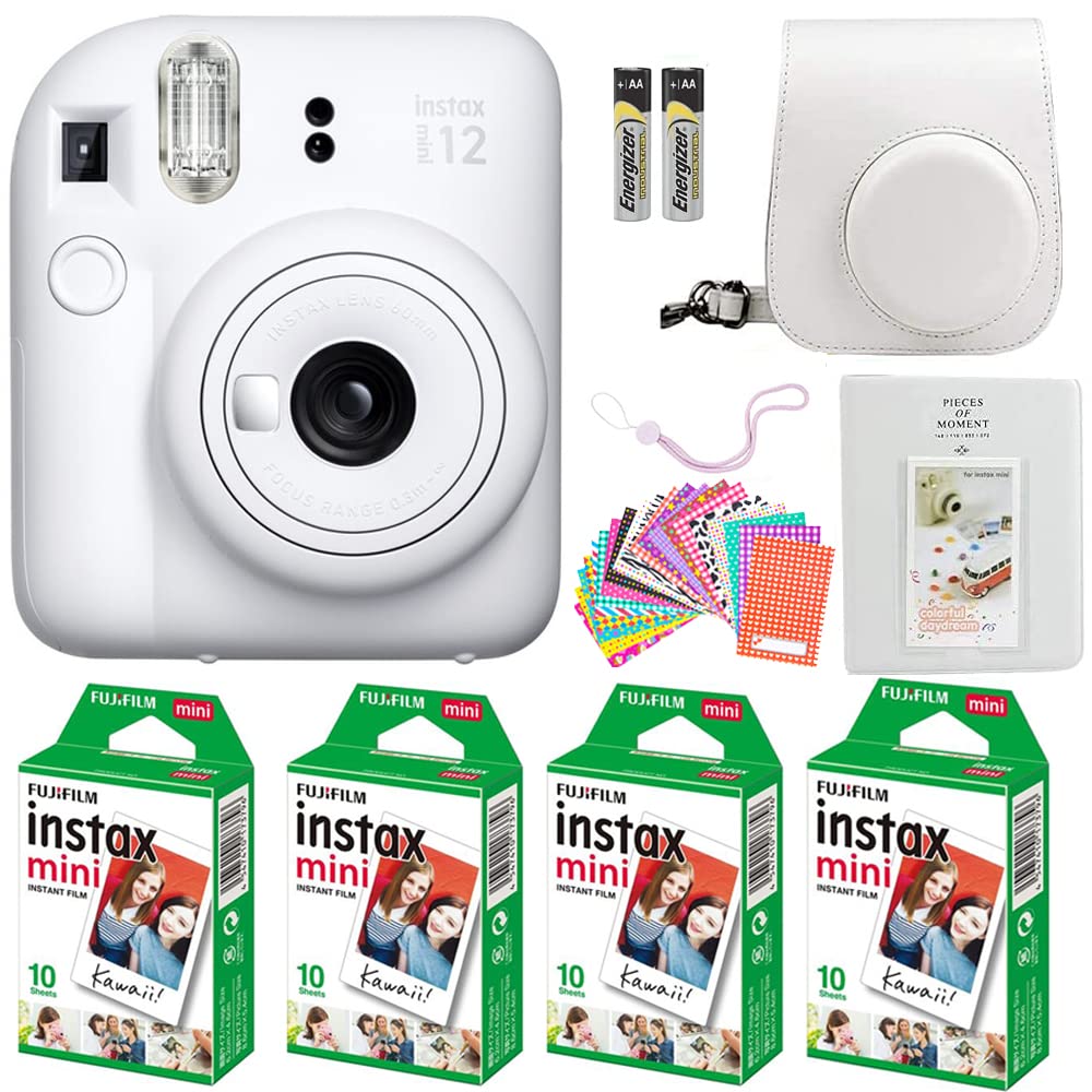 Fujifilm Instax Mini 12 Instant Camera Clay White with Fujifilm Instant Mini Film Value Pack (40 Sheets) with Accessories Including Carrying Case with Strap, Photo Album, Stickers (Clay White)