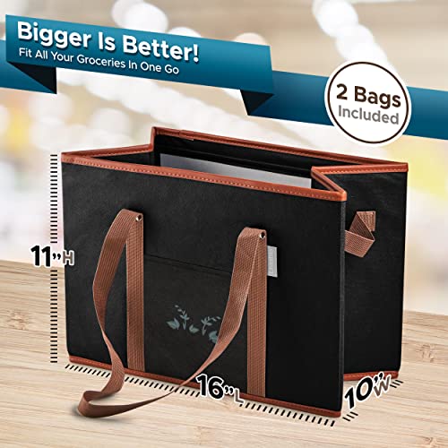 Liviable Set of 2, Large Reusable Grocery Shopping Bags,Collapsible,Heavy Duty Tote, Box Bags with Long Handles,Reinforced Bottom, Black