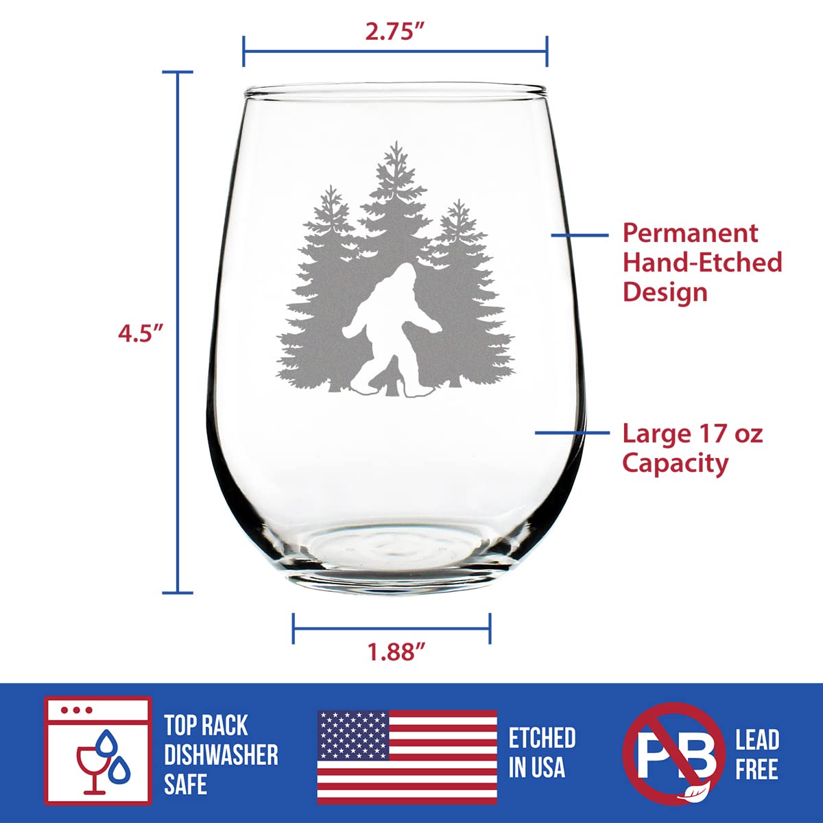 Bigfoot Stemless Wine Glass - Funny Bigfoot Gifts for Sasquatch Enthusiasts - 17 Oz Wine Glasses