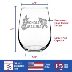 Okole Maluna Hawaiian Cheers Stemless Wine Glass - Cute Hawaii Themed Gifts or Party Decor for Women & Men - Large 17 Oz Wine Glasses