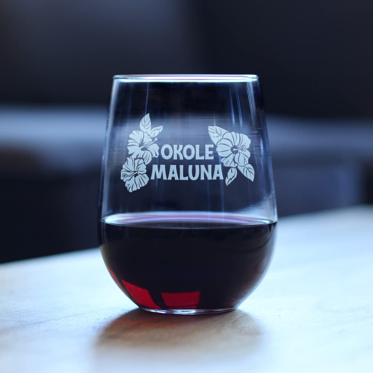 Okole Maluna Hawaiian Cheers Stemless Wine Glass - Cute Hawaii Themed Gifts or Party Decor for Women & Men - Large 17 Oz Wine Glasses