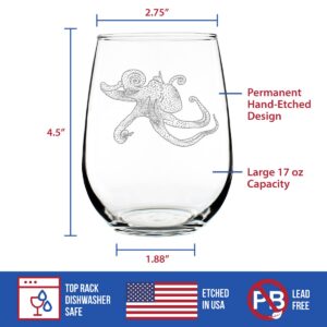 Octopus Stemless Wine Glass - Octopus Decor or Gifts for Beach and Ocean Lovers - Engraved Design - Large 17 Oz Glasses