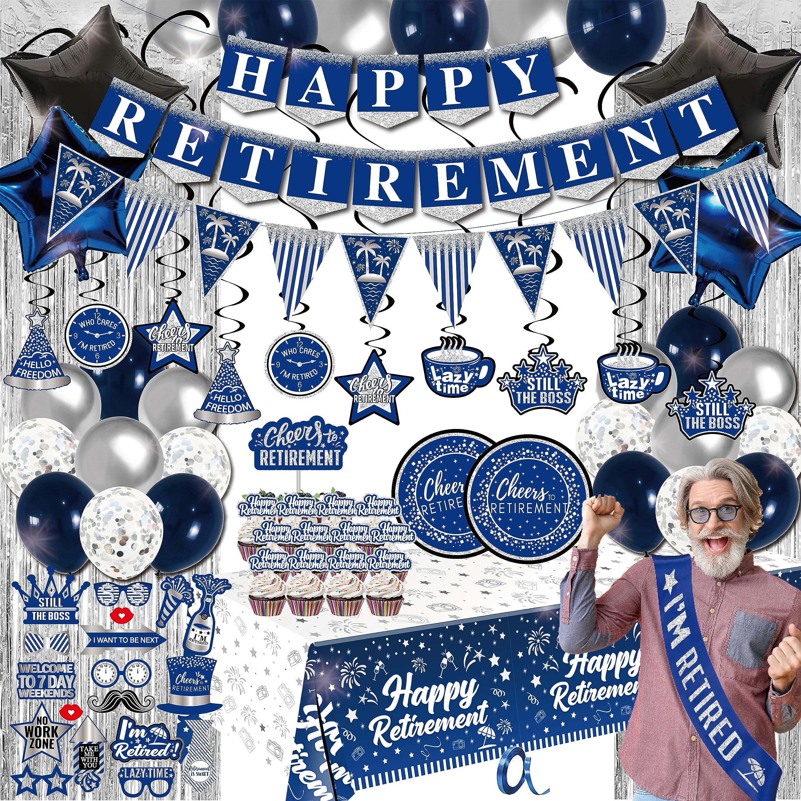 Happy Retirement Party Decorations blue - (89pack) blue party Banner, Pennant, Hanging Swirl, Foil Backdrops, balloons, Tablecloths, cupcake Topper,plates, Photo Props, retired Sash