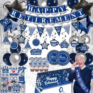 Happy Retirement Party Decorations blue - (89pack) blue party Banner, Pennant, Hanging Swirl, Foil Backdrops, balloons, Tablecloths, cupcake Topper,plates, Photo Props, retired Sash