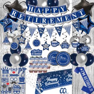 Happy Retirement Party Decorations blue - (89pack) blue party Banner, Pennant, Hanging Swirl, Foil Backdrops, balloons, Tablecloths, cupcake Topper,plates, Photo Props, retired Sash