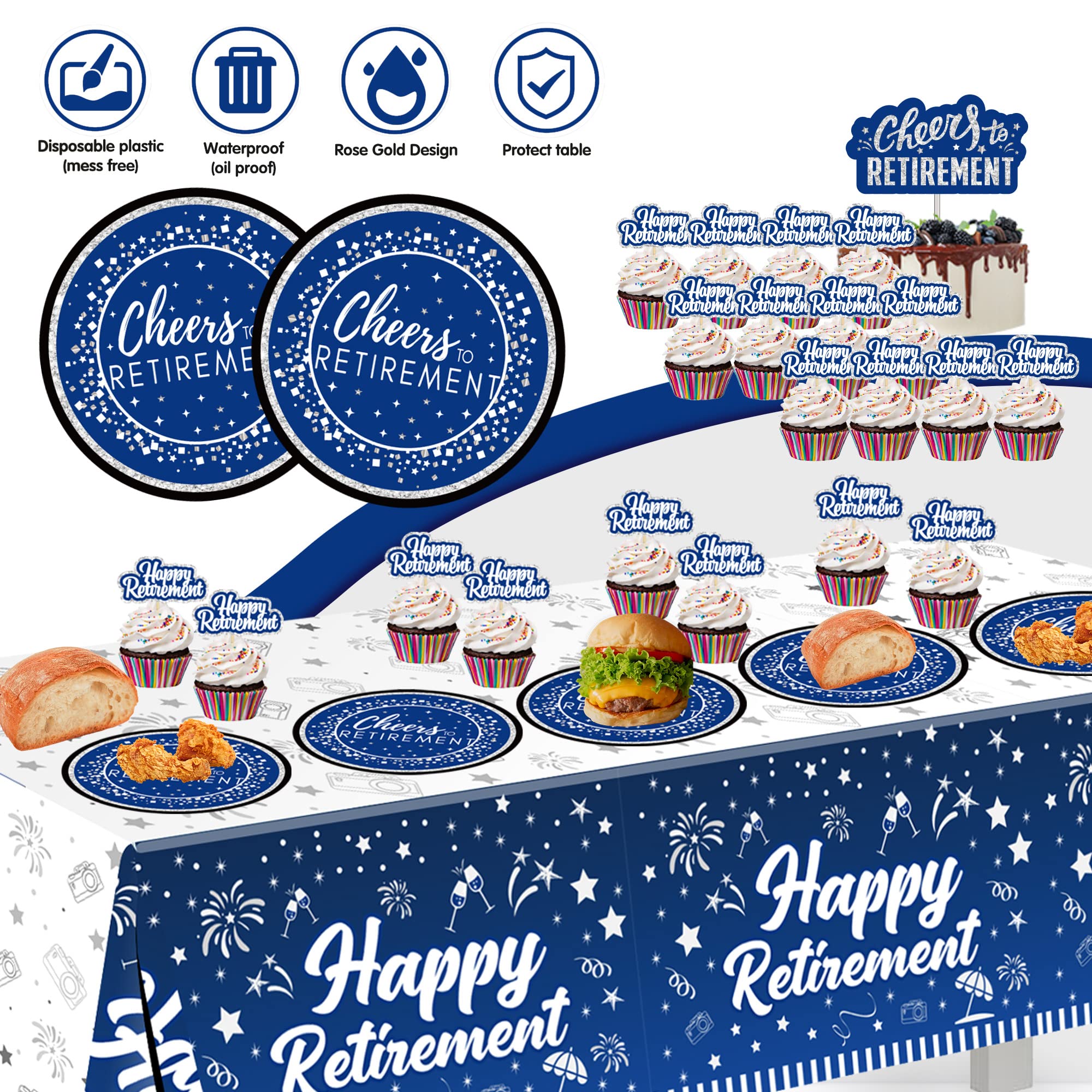 Happy Retirement Party Decorations blue - (89pack) blue party Banner, Pennant, Hanging Swirl, Foil Backdrops, balloons, Tablecloths, cupcake Topper,plates, Photo Props, retired Sash