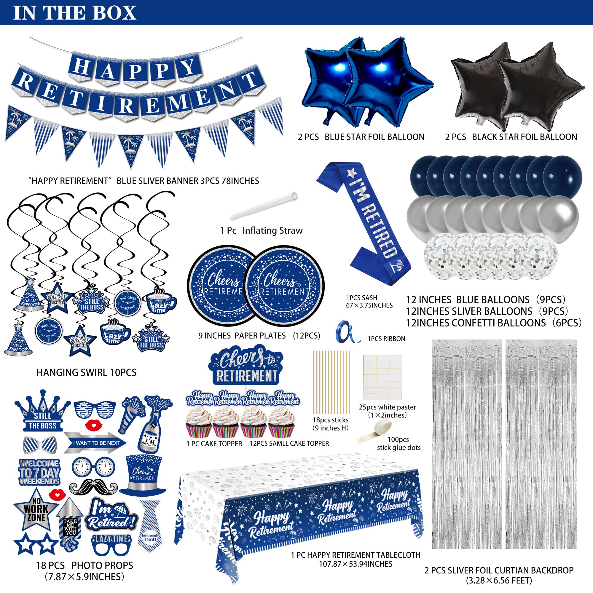 Happy Retirement Party Decorations blue - (89pack) blue party Banner, Pennant, Hanging Swirl, Foil Backdrops, balloons, Tablecloths, cupcake Topper,plates, Photo Props, retired Sash