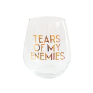 Jollity & Co Witty Wine Glasses - “Tears of My Enemies” Stemless Wine Glass with Metallic Gold Lettering - Set of 1 Wine Tumbler - Novelty Gifts - For Wine, Cocktails, Summer Drinks