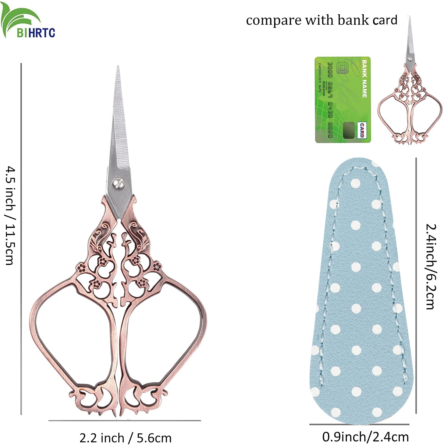 BIHRTC 4.5inch Embroidery Scissors Cross Stitch Scissors with Leather Scissors Cover Stainless Steel Sharp Pointed Tip Sewing DIY Tool for Needlework Artwork Sewing Handicraft