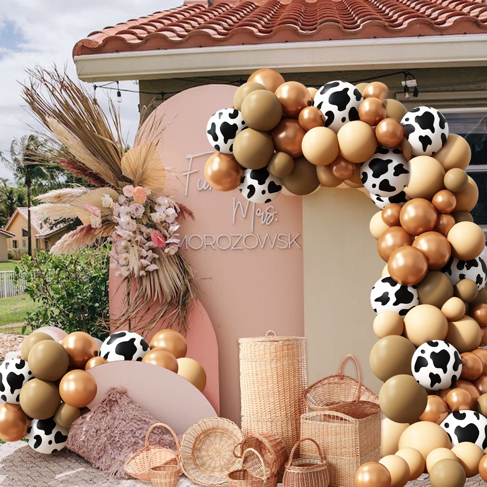 RUBFAC Cow Balloons Garland Arch Kit with Neutral Brown Blush Various Sizes Balloon for CowBoy CowGirl Themed Party Baby Shower Farm Birthday Party Decorations