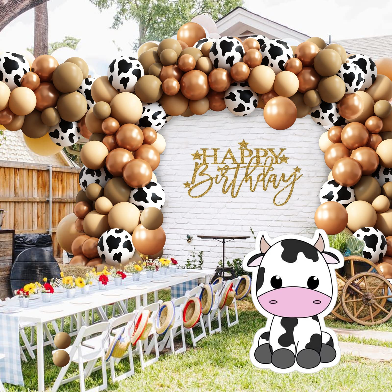 RUBFAC Cow Balloons Garland Arch Kit with Neutral Brown Blush Various Sizes Balloon for CowBoy CowGirl Themed Party Baby Shower Farm Birthday Party Decorations