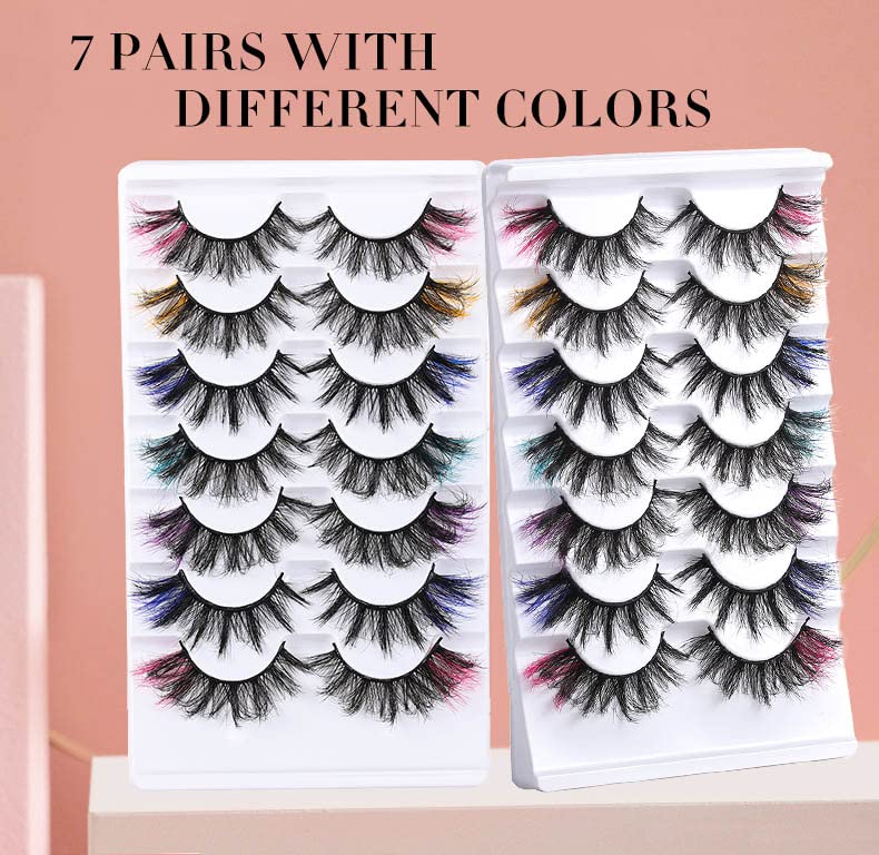 Uranian False Eyelashes Colored Fluffy Faux Mink Lashes Dramatic Colorful Russian Strip Eye Lashes with Color Natural Look Lashes Long Volume Fake Eyelashes for Women and Girls(7 Pairs)