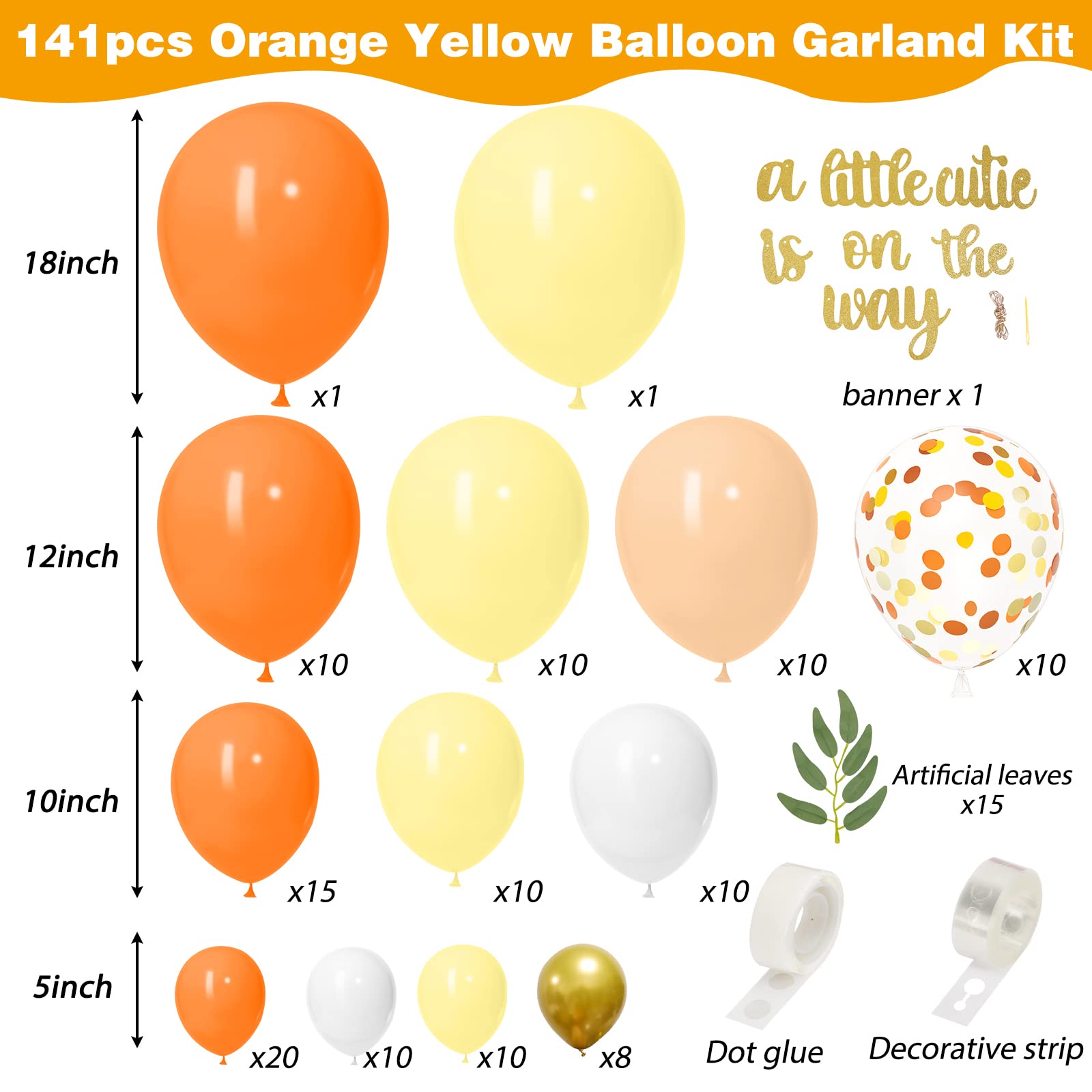 RUBFAC 141pcs Little Cutie Balloon Garland Kit Orange Yellow White Confetti Latex Balloons for Baby Shower Tangerine Theme Birthday Party Decorations