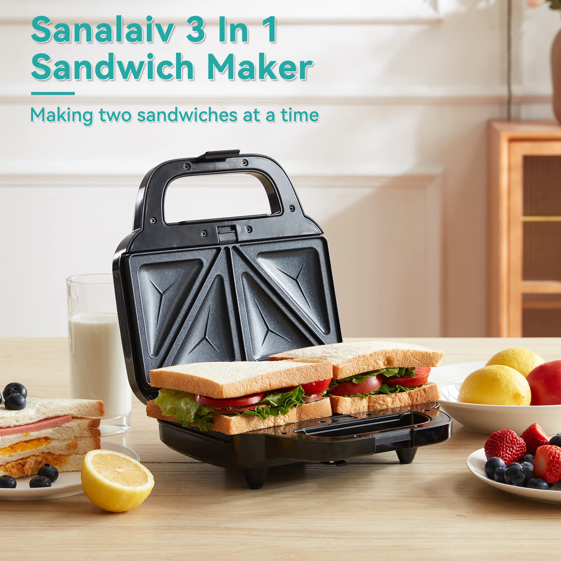 Sanalaiv Sandwich Maker 3 in 1, Waffle Maker with Removable Plates, Electric Panini Press Sandwich Maker, Sandwich Toaster for Breakfast Sandwiches Grilled Cheese Steak, LED Indicator Lights, 870W