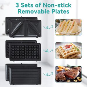 Sanalaiv Sandwich Maker 3 in 1, Waffle Maker with Removable Plates, Electric Panini Press Sandwich Maker, Sandwich Toaster for Breakfast Sandwiches Grilled Cheese Steak, LED Indicator Lights, 870W