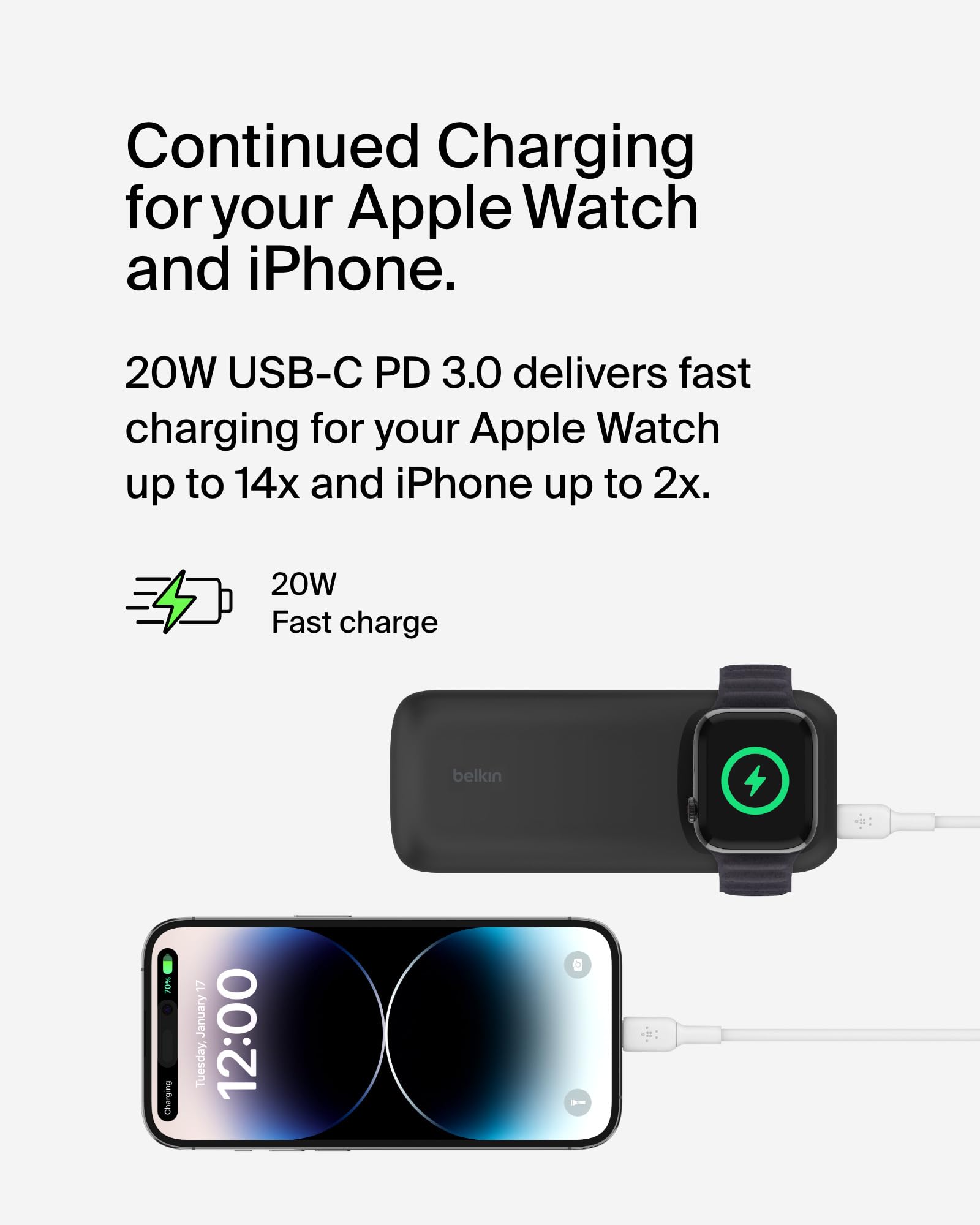 Belkin Wireless Charger Apple Watch Power Bank 10K with 12-inch USB-C to USB-C Cable, 33% Faster Charging - Simultaneous Charging for Apple Watch Series 9, iPhone 15, and More - 20W USB-C PD - Black