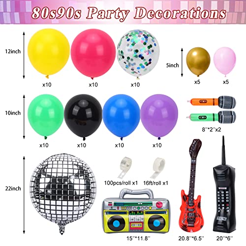 RUBFAC 80s 90s Theme Party Decorations 110Pcs Balloon Garland Kit 6PCS Inflatable Disco Ball Radio Boom Box Retro Mobile Phone Microphone Guitar Balloons for Back to 80s 90s Hip Hop Party Supplies