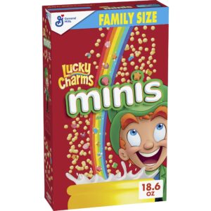 lucky charms minis cereal with marshmallows, kids breakfast cereal, family size, 18.6 oz